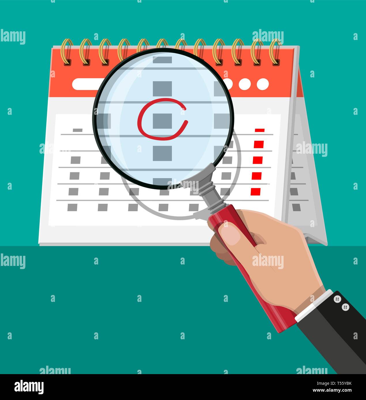 Paper spiral wall calendar and magnifying glass. Calendar flat icon ...