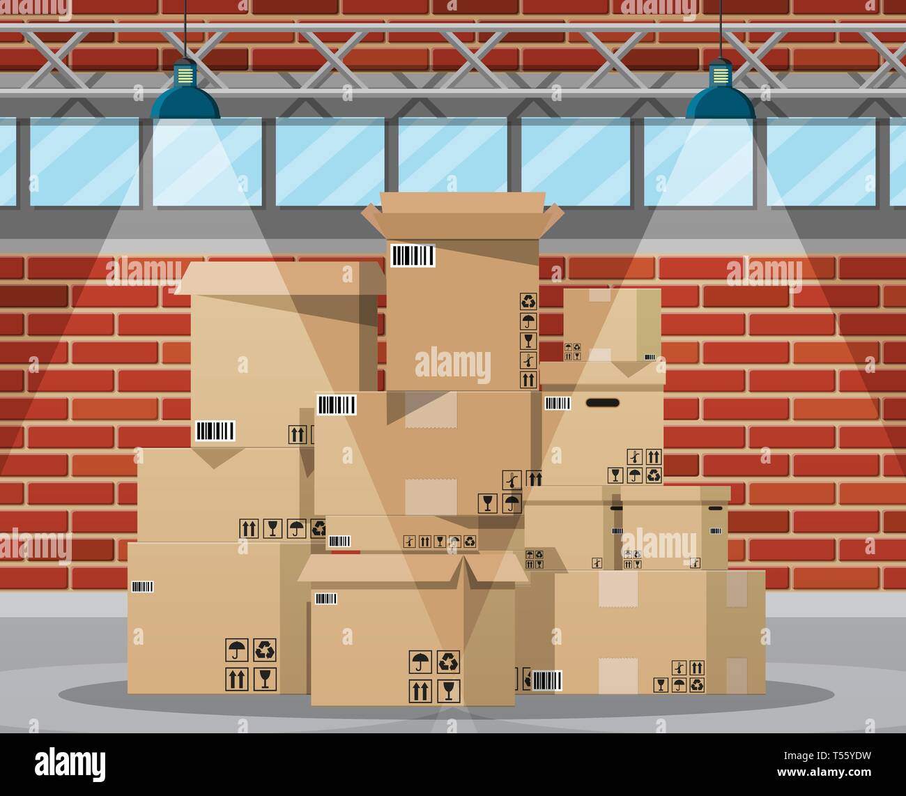 Warehouse interior with goods and container package boxes. Pile ...