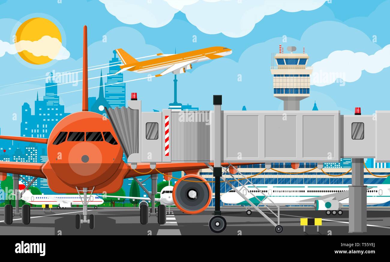 Plane before takeoff. Airport control tower, jetway, terminal building ...