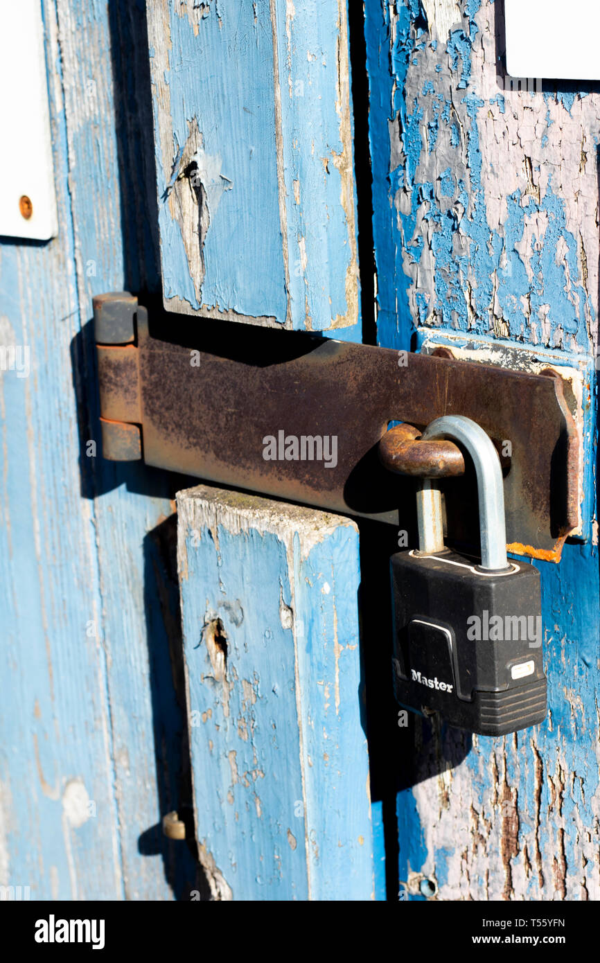 padlock and bolt fixed to door and frame providing security to building ...