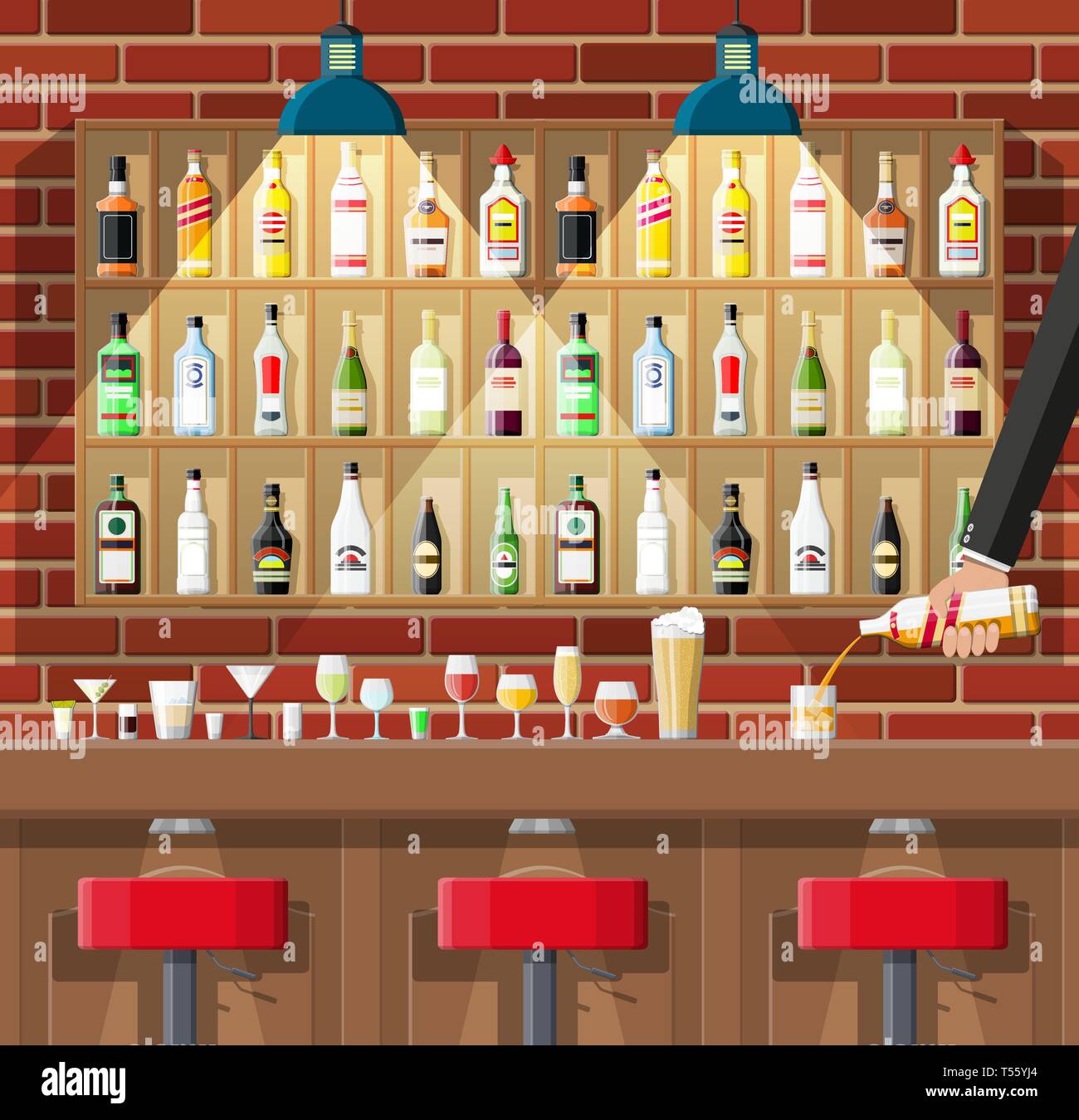 Drinking establishment. Interior of pub, cafe or bar. Bar counter ...