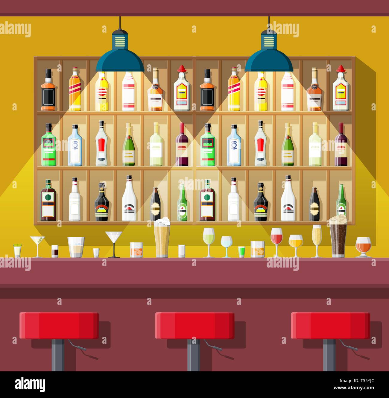 Drinking establishment. Interior of pub, cafe or bar. Bar counter ...