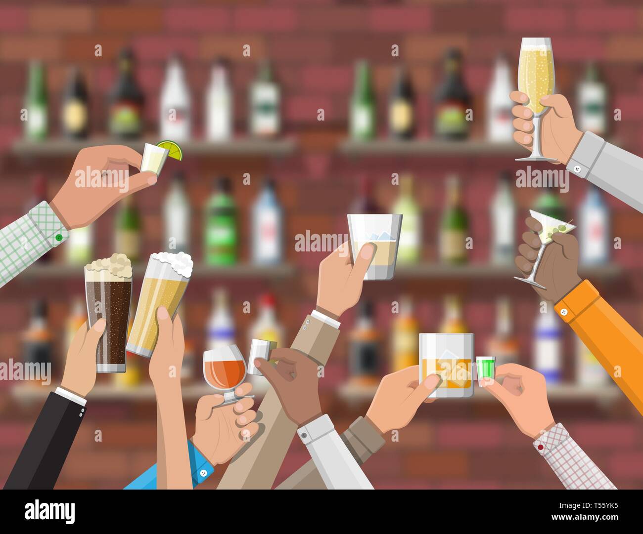 Hands group holding glasses with various drinks. Drinking establishment ...