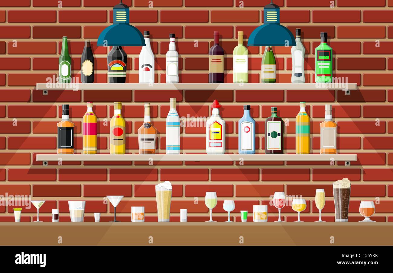 Drinking establishment. Interior of pub, cafe or bar. Bar counter ...
