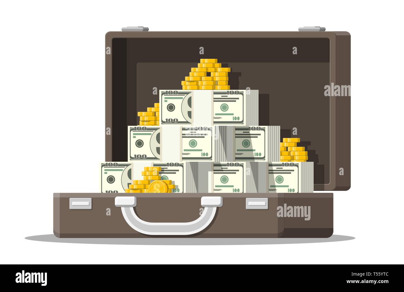 Open leather suitcase full of money. Stacks of dollar banknotes and ...