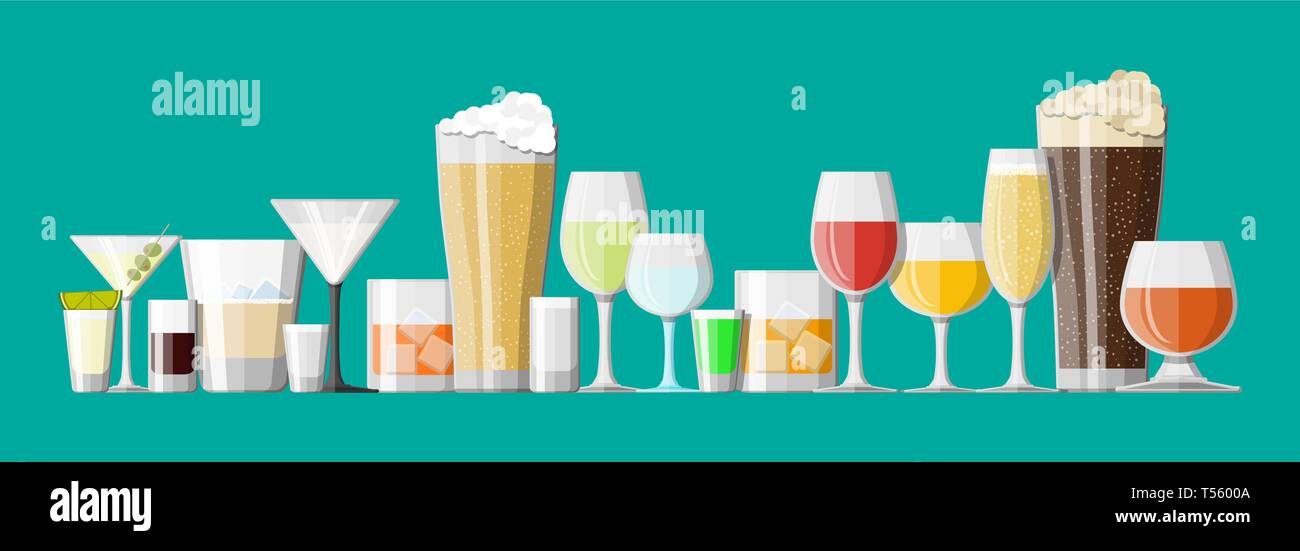 Alcohol drinks collection in glasses. Vodka champagne wine whiskey beer ...
