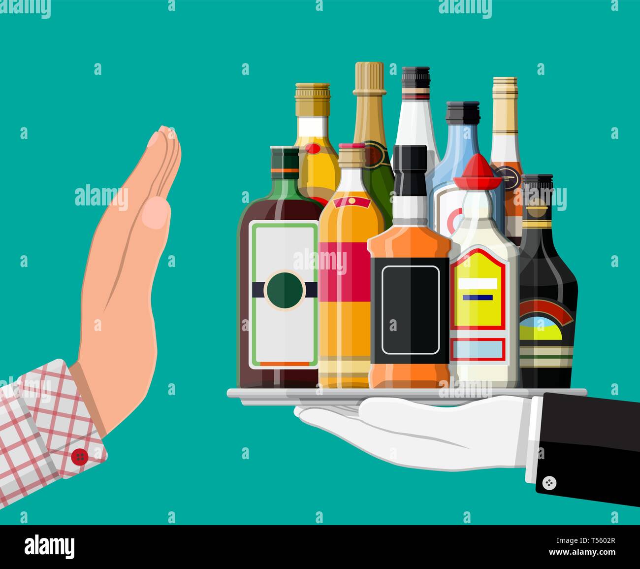 Alcohol abuse concept. Hand gives bottle of alcohol to other hand. Stop ...