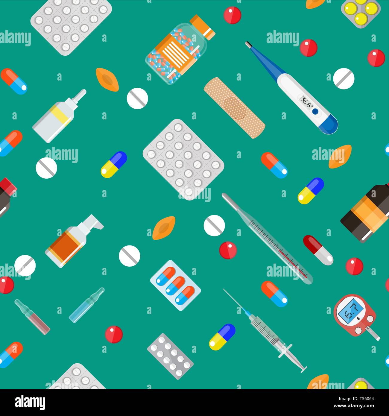 Vector seamless medical background. Medicine pills capsules and bottles ...