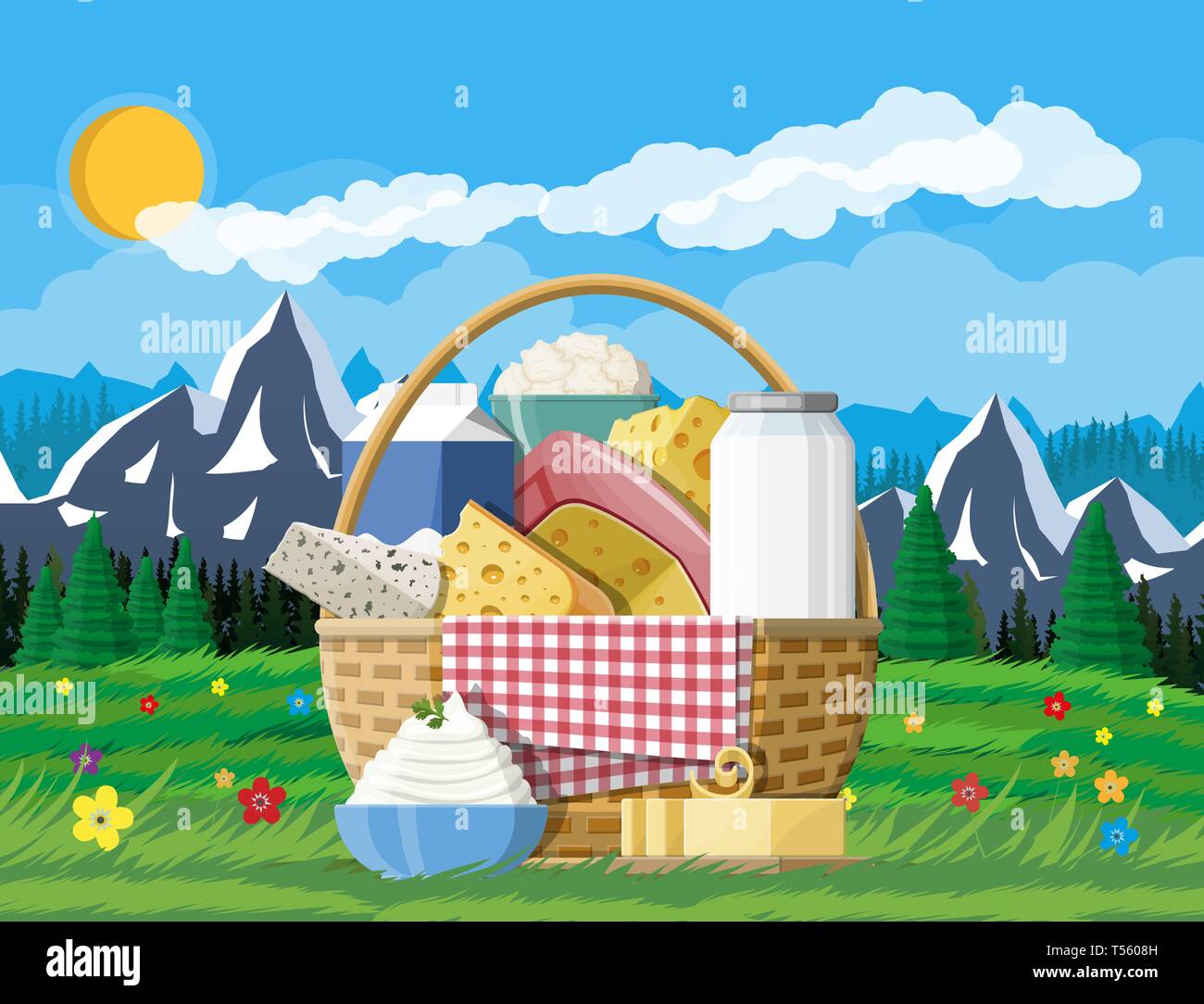 Dairy products set in basket. Collection of milk food. Milk, cheese ...