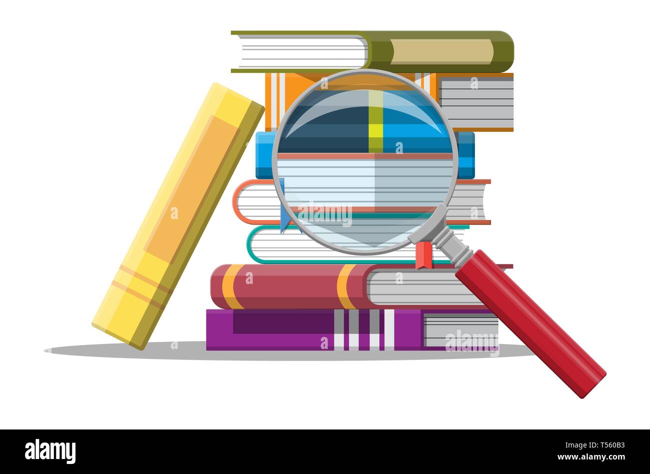 Pile of books and magnifying glass. Reading education, e-book ...