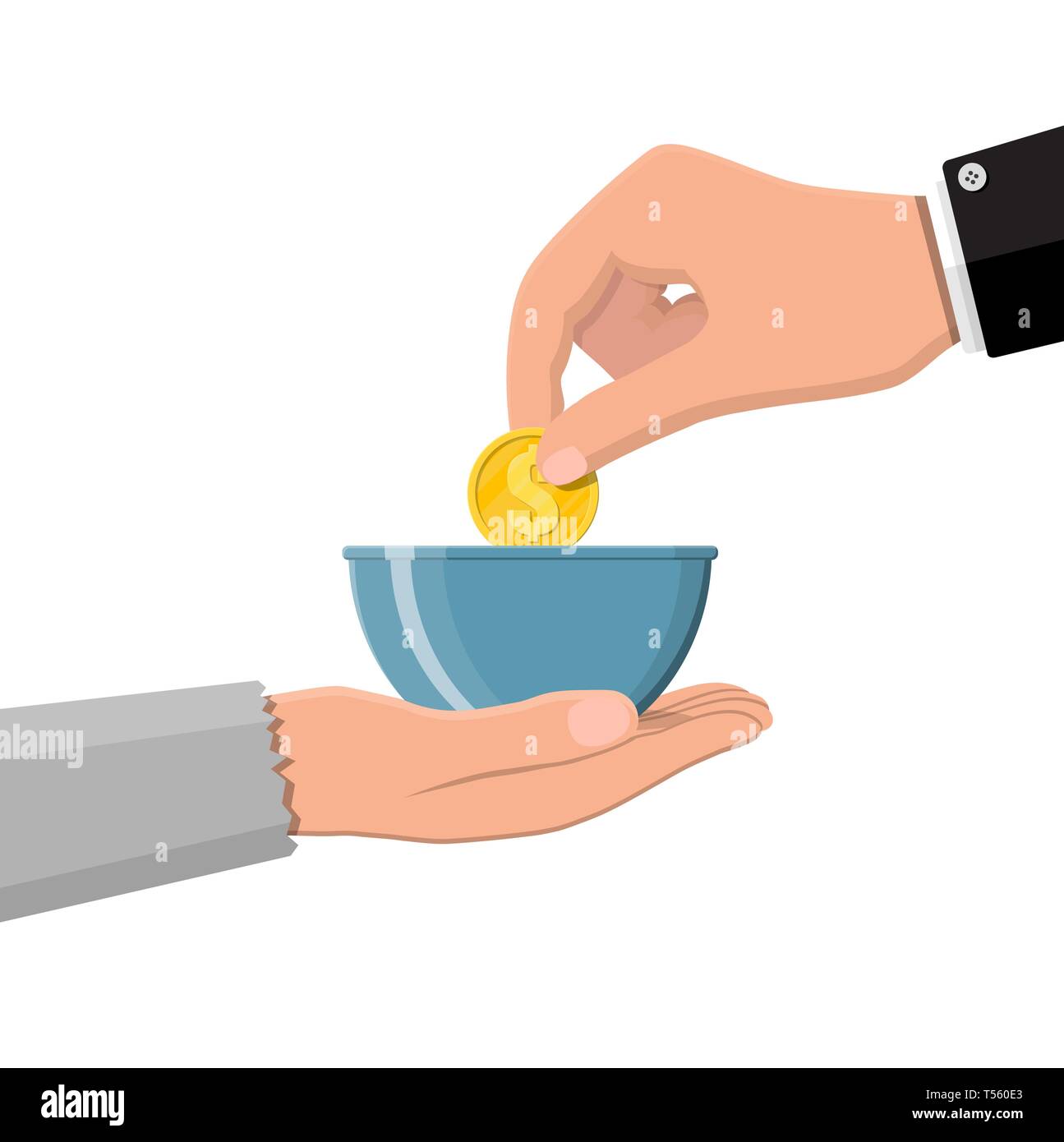 Hand giving gold coin to beggar hand. Charity, donation, help and aid ...