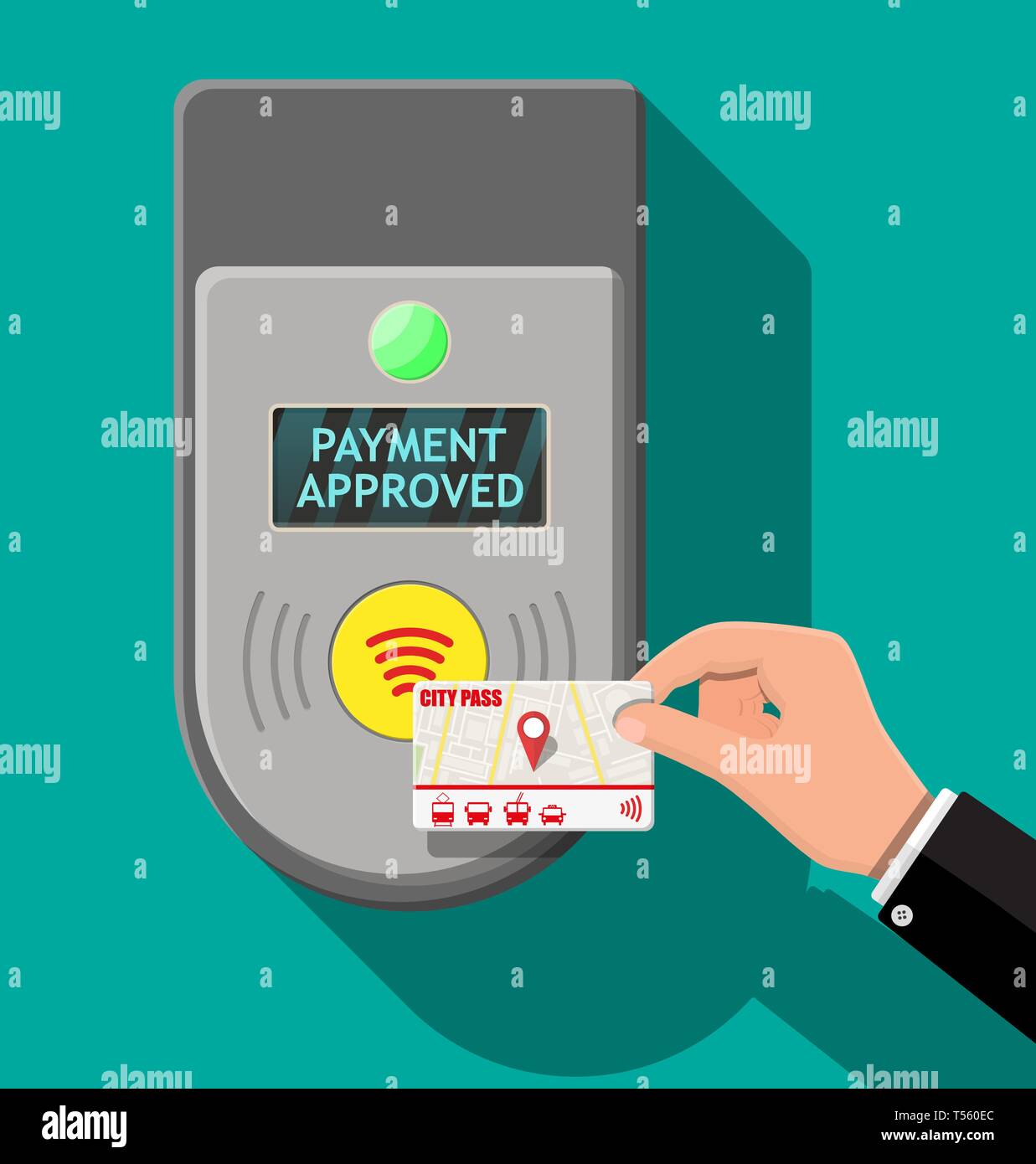 Terminal and passenger transport card in hand. Airport, metro, bus ...
