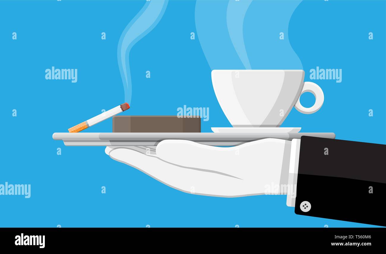 Coffee cup and ashtray full of smokes cigarettes. Unhealthy lifestyle ...