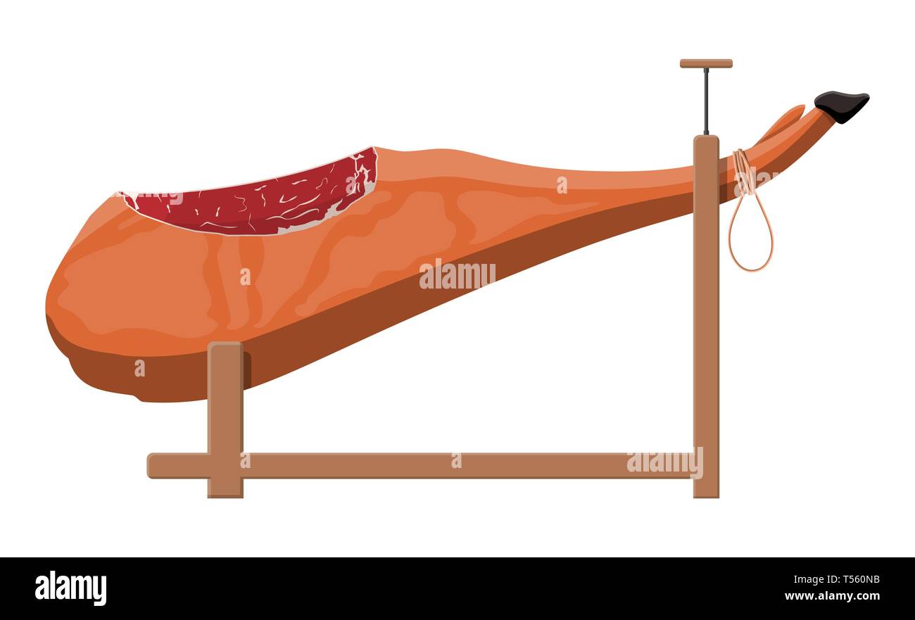 Jamon on the wooden jamonera. Spanish pork meat gourmet. Bacon ham ...