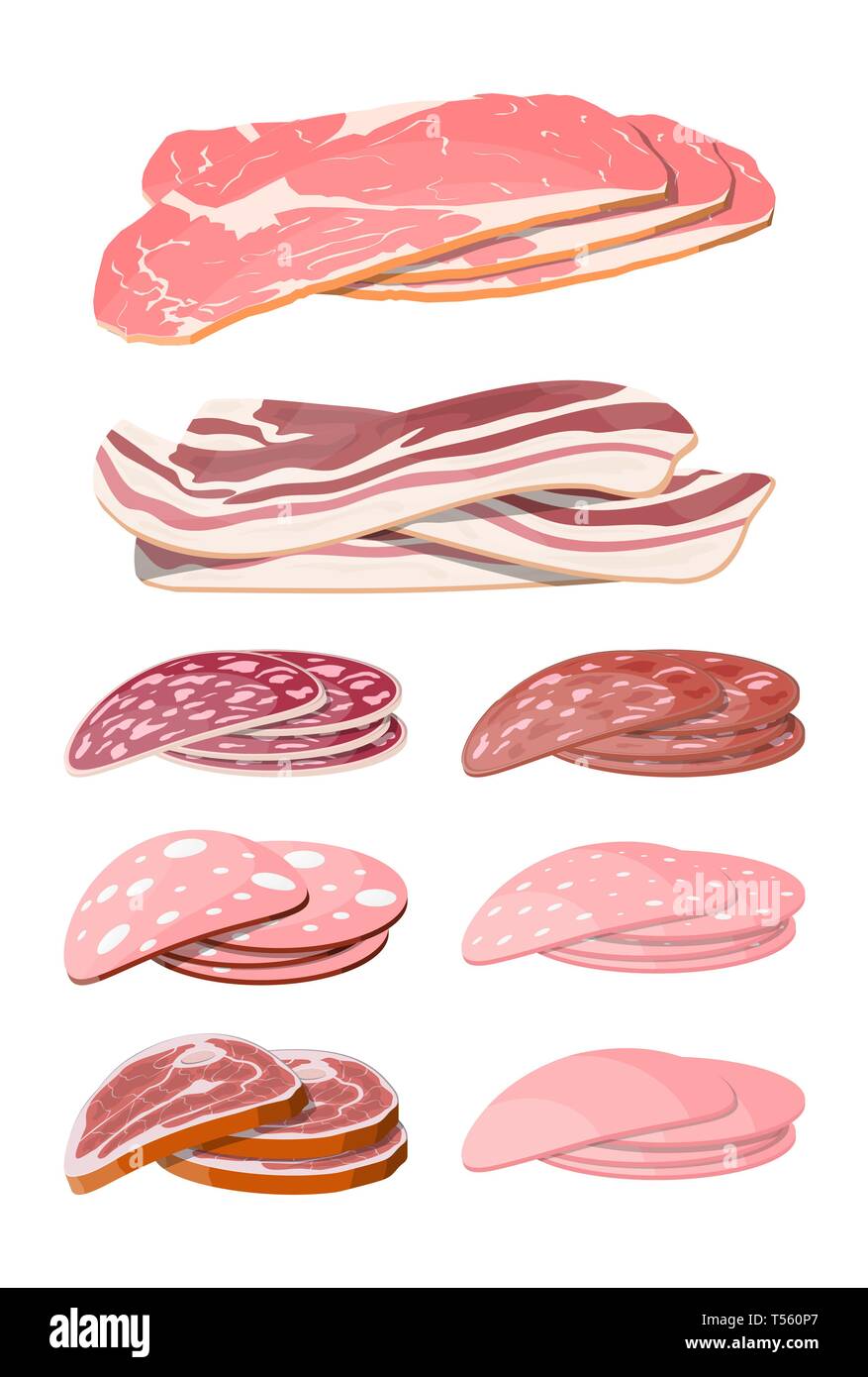Meat sausage slice set. Cut sausage slices with fat. Boiled smoked meat ...
