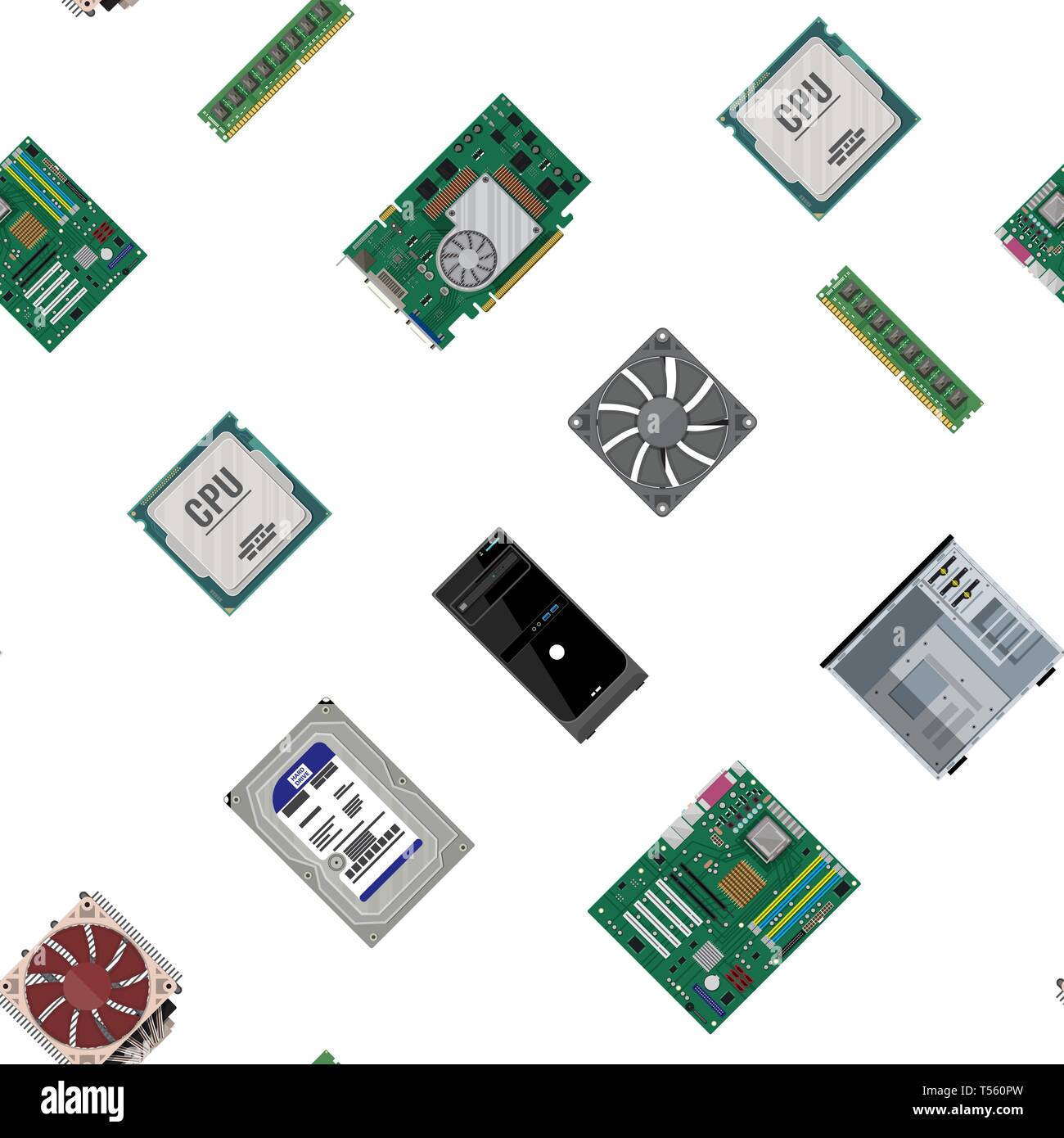Seamless pattern. Motherboard, hard drive, cpu, fan, graphic card, memory, screwdriver and case ...