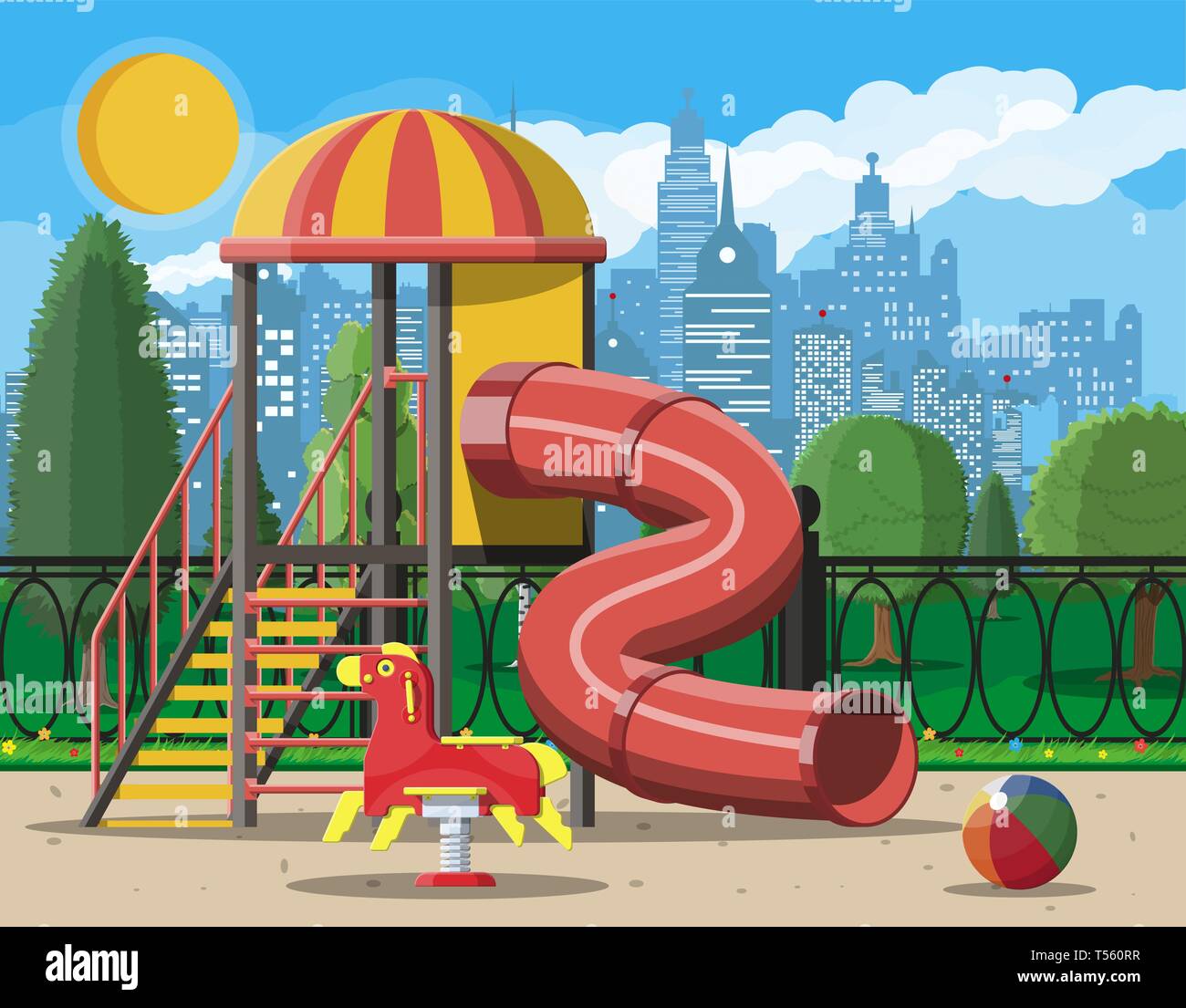 Kids playground kindergarten panorama. Urban child amusement. Slide ...