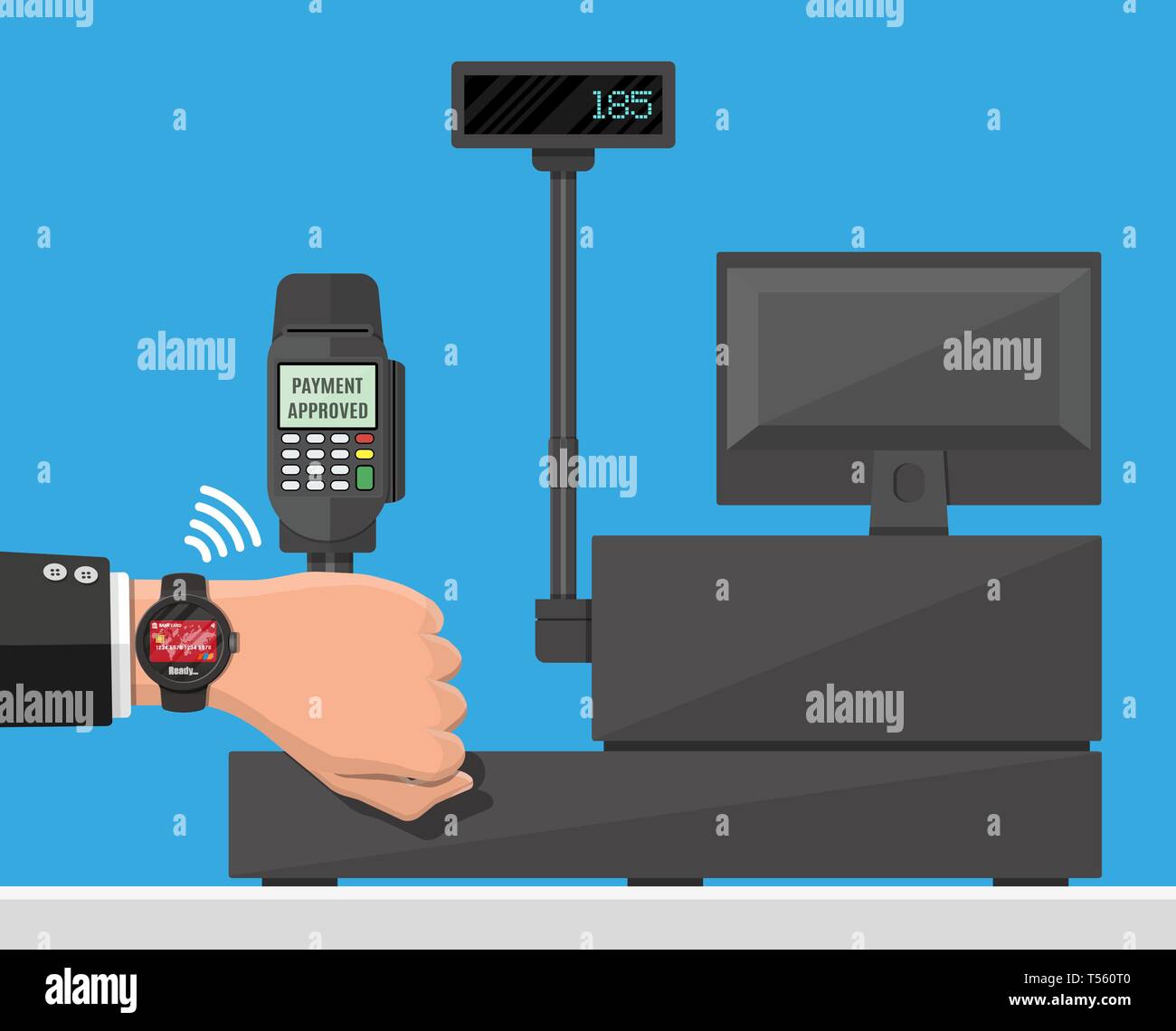 Smart watch contactless payments. Smartwatch on hand and POS terminal ...