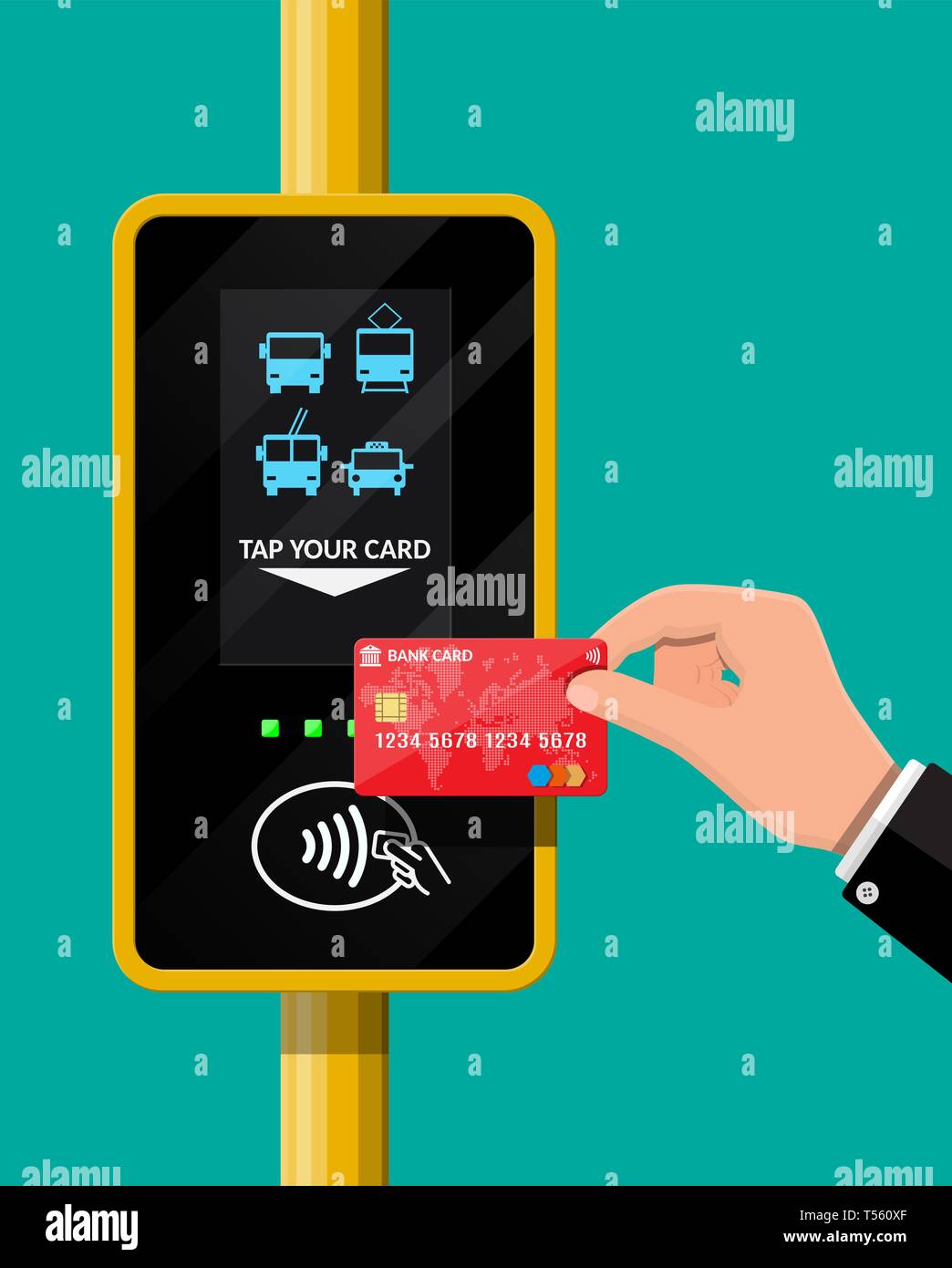 Terminal and bank card in hand. Airport, metro, bus, subway ticket ...