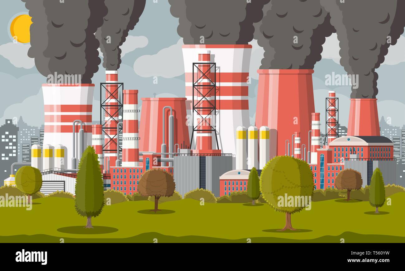 Plant smoking pipes. Smog in city. Trash emission from factory. Grey ...