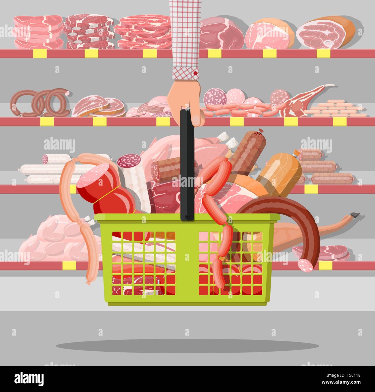 Meat products in supermarket basket. Meat store butcher shop showcase ...