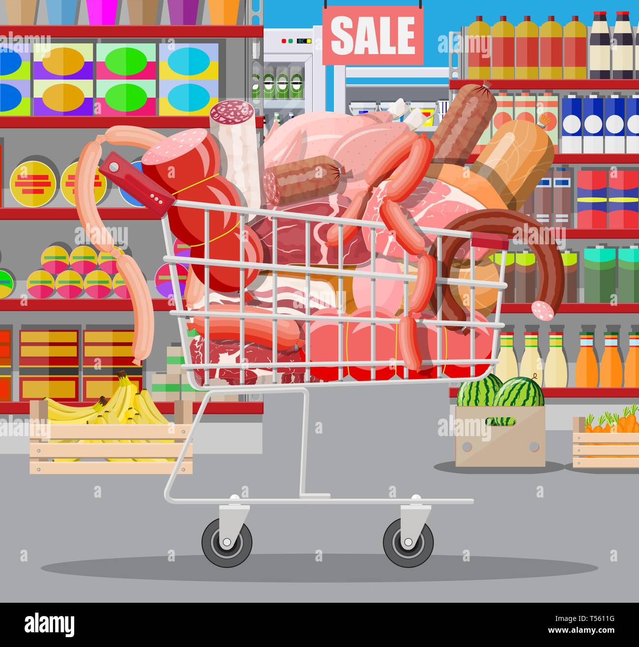 Meat products in supermarket cart. Meat store butcher shop showcase ...