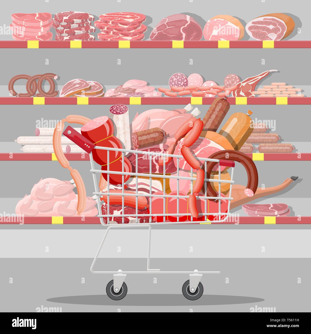 Meat products in supermarket cart. Meat store butcher shop showcase ...