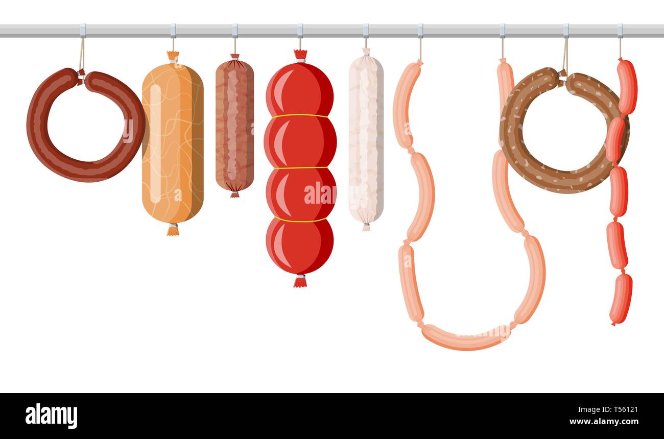 Meat sausage collection. Cut sausage slices with fat. Boiled smoked ...