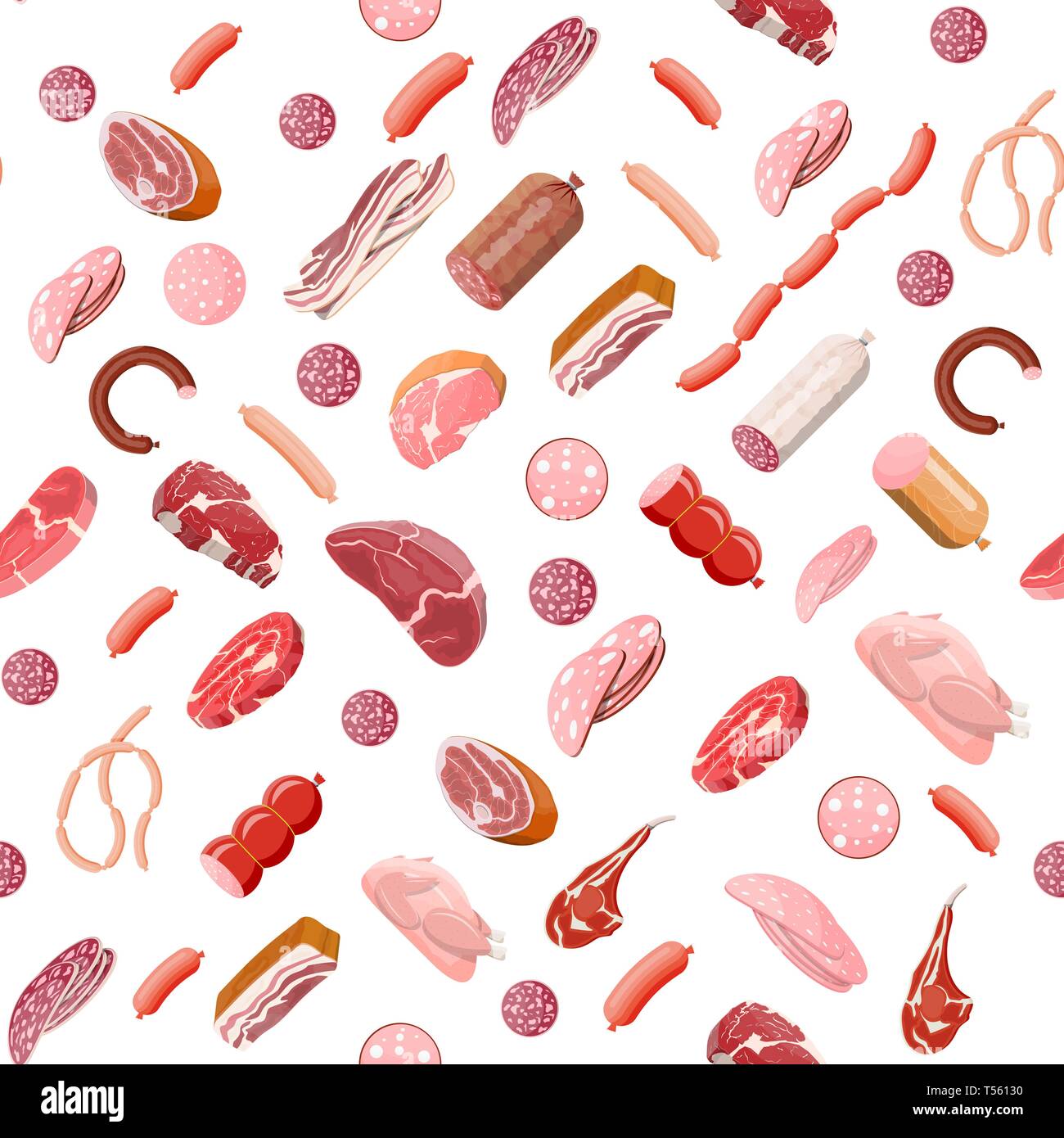 Meat set seamless pattern. Chop, sausages, bacon, ham. Marbled meat and ...
