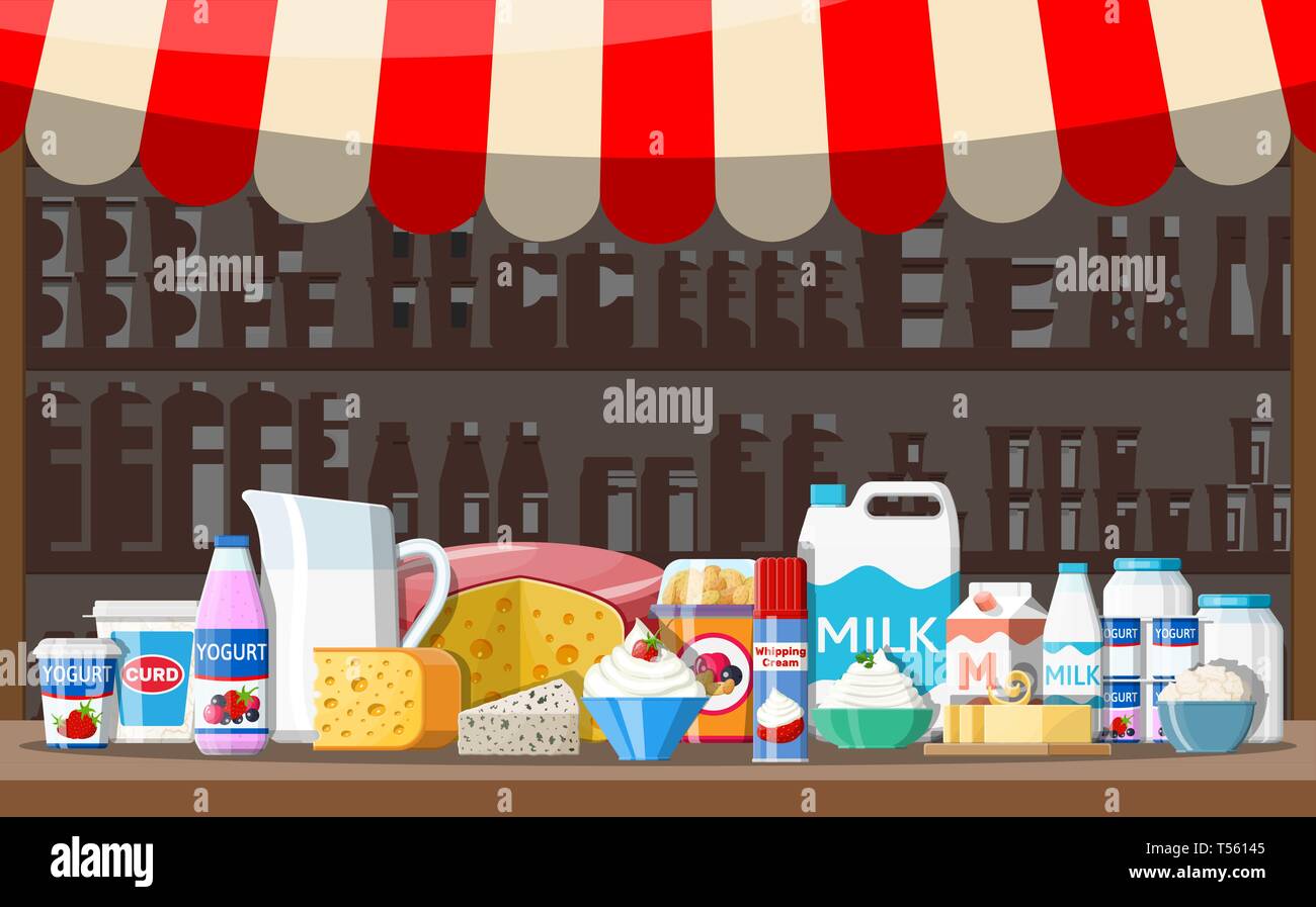 Milk street market store stall. Farmer shop or showcase counter. Dairy ...