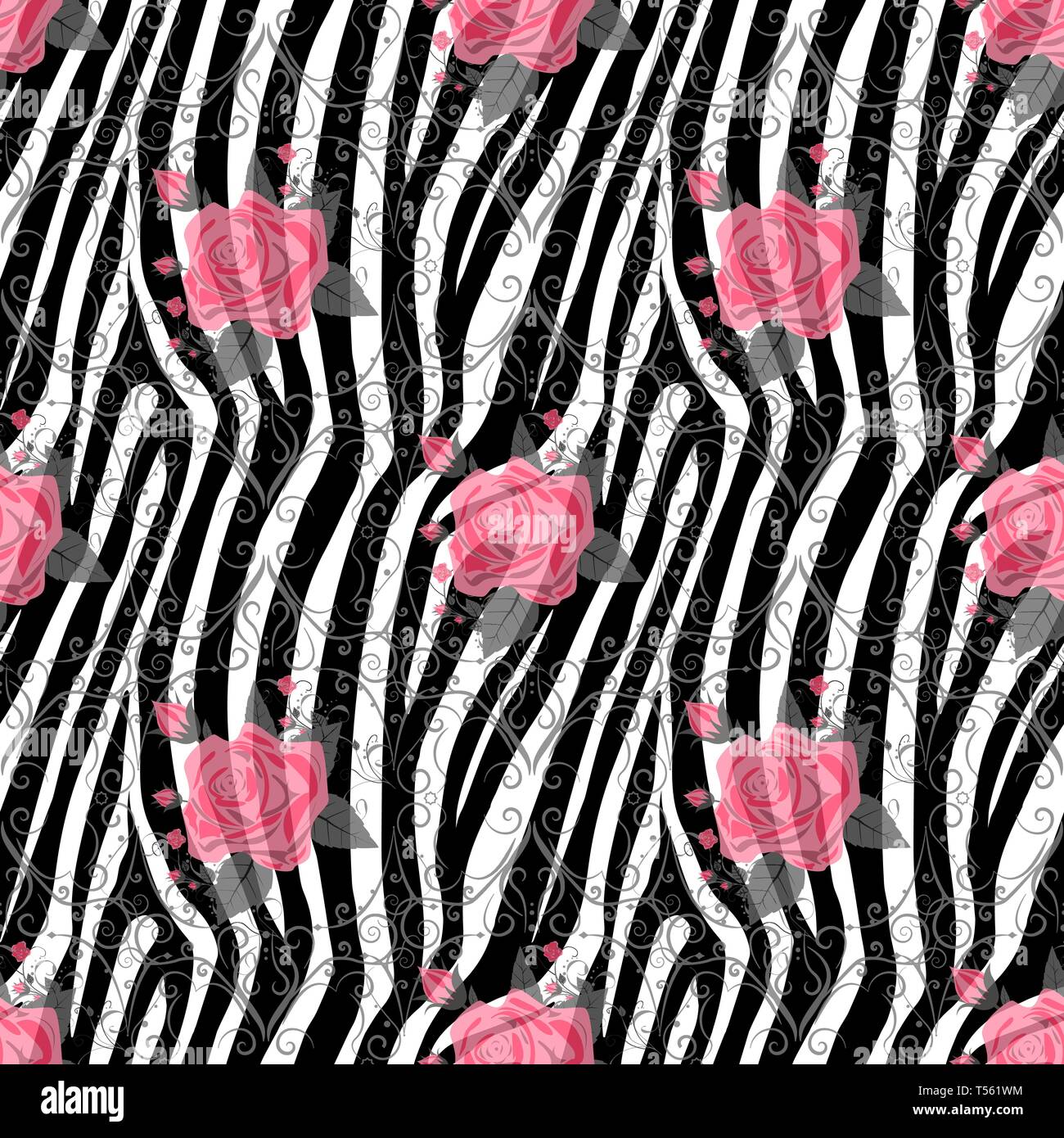 Zebra Stripes with red rose Flowers Seamless Pattern. Zebra print ...