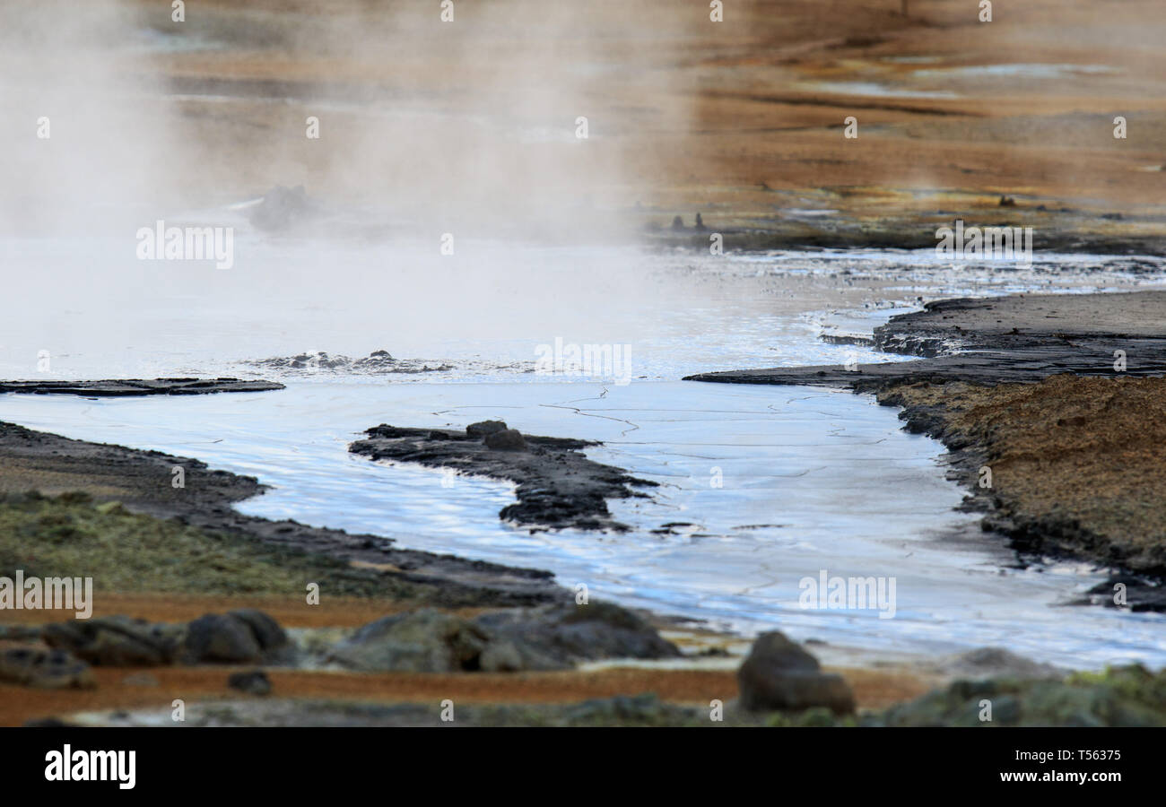 Iceland geothermal. Namafjall - area in field of Hverir. Landscape ...