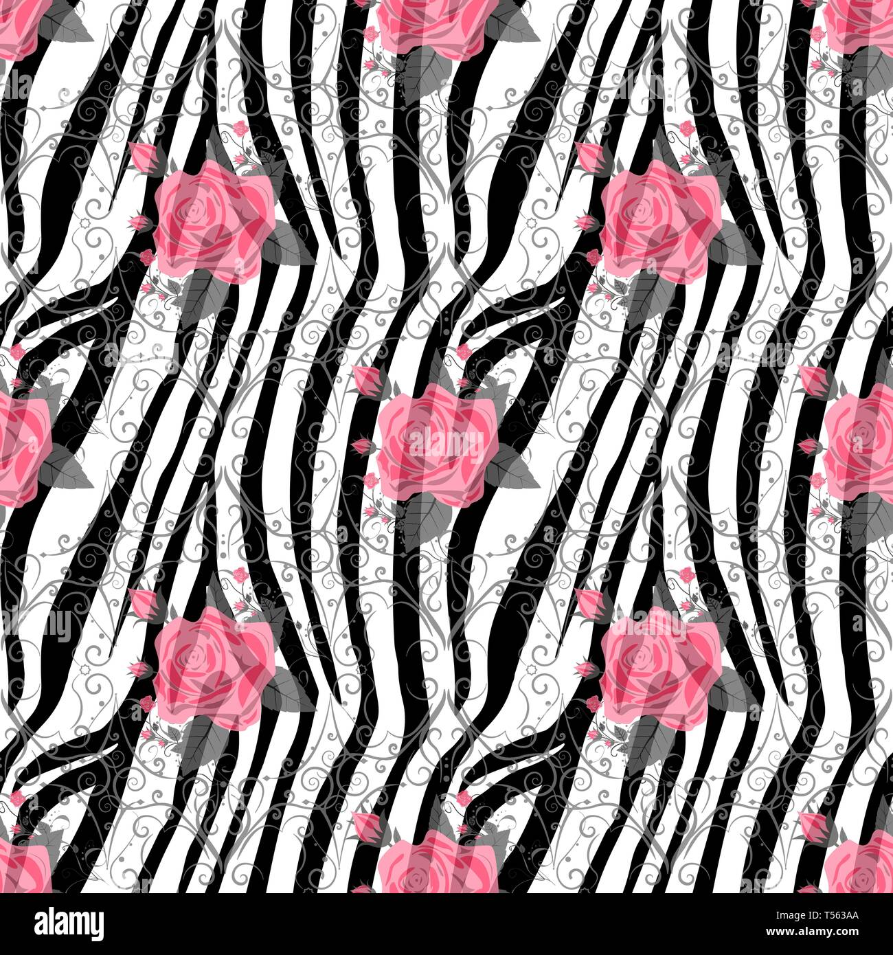 Zebra Stripes with red rose Flowers Seamless Pattern. Zebra print ...