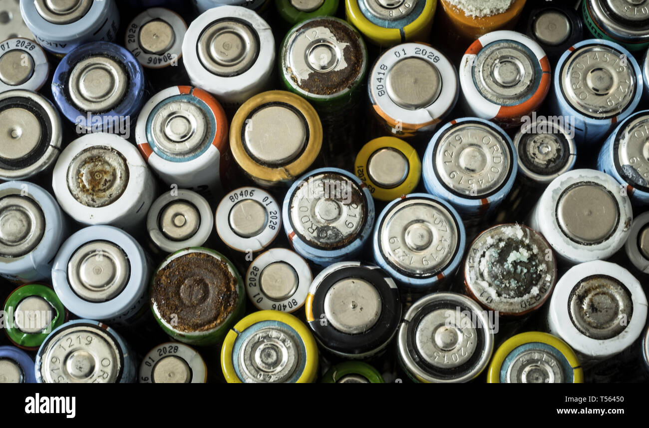Group of used disposable drain batteries of various size Stock Photo ...