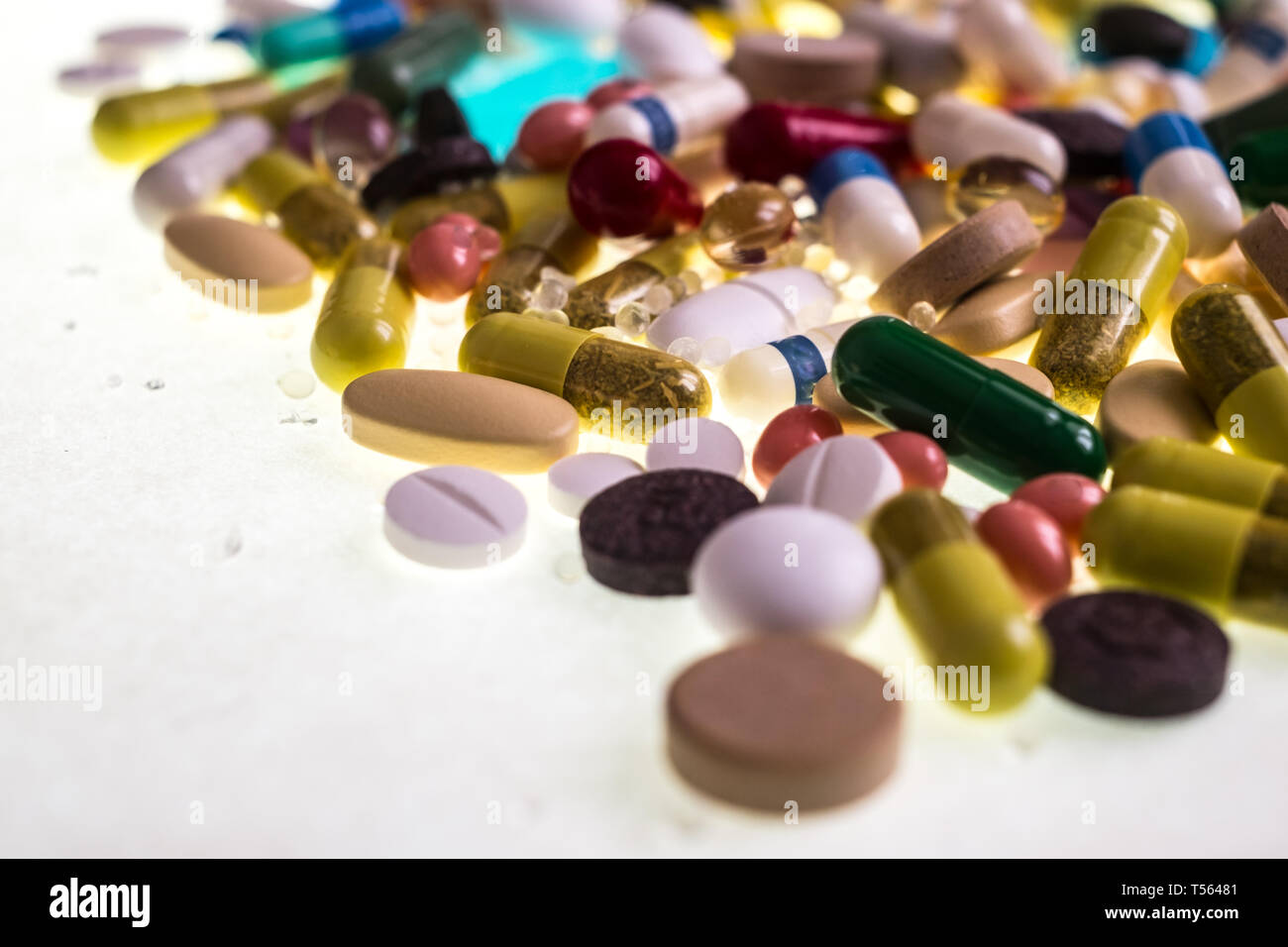 Pharmaceutical different multicolored tablets, capsules, therapy drugs ...