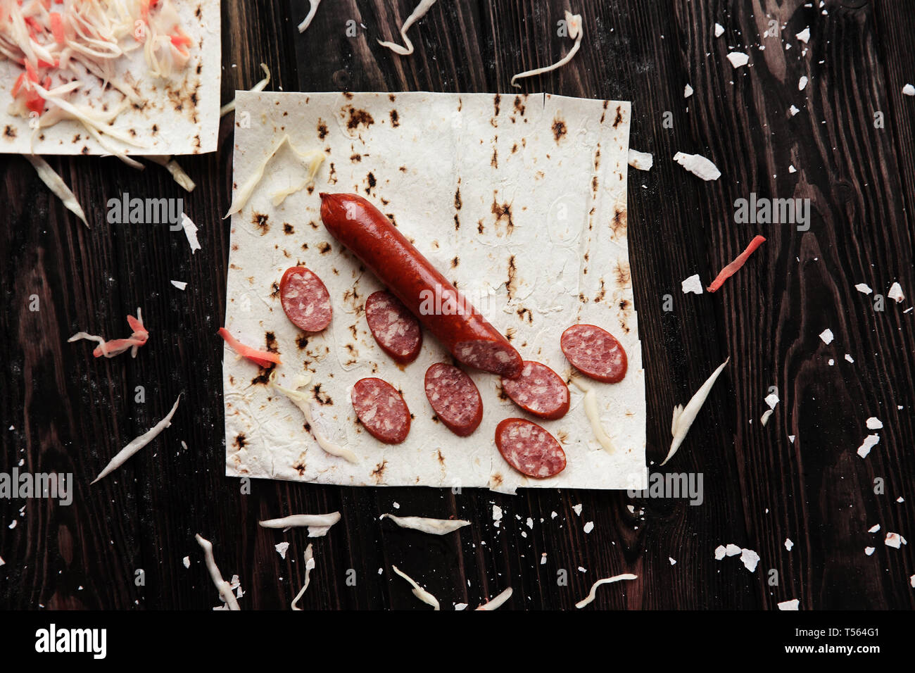 preparation of Shawarma. ingredients on wooden table.photo with copy ...