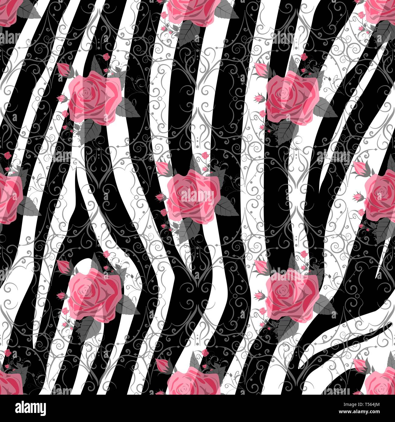 Zebra Stripes with red rose Flowers Seamless Pattern. Zebra print ...
