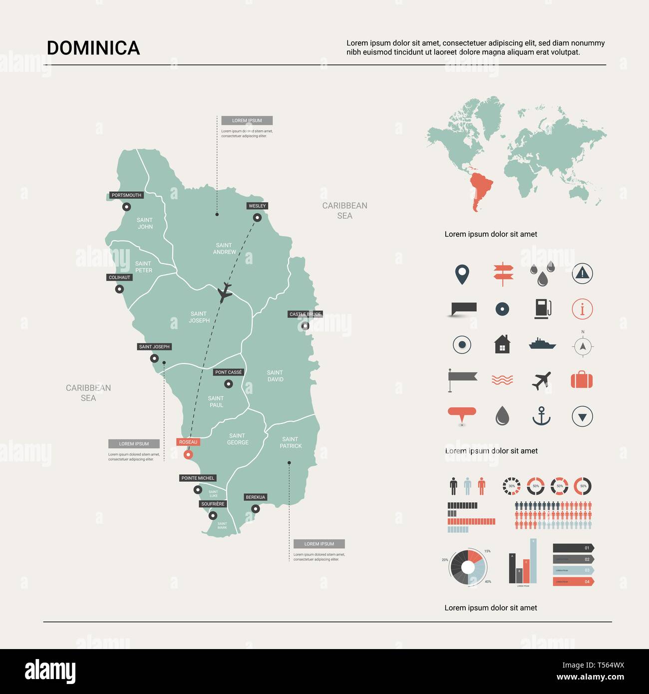 Vector map of Dominica. High detailed country map with division, cities ...