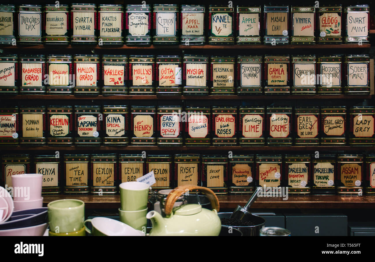 A collection of teas on display in a shop Stock Photo - Alamy
