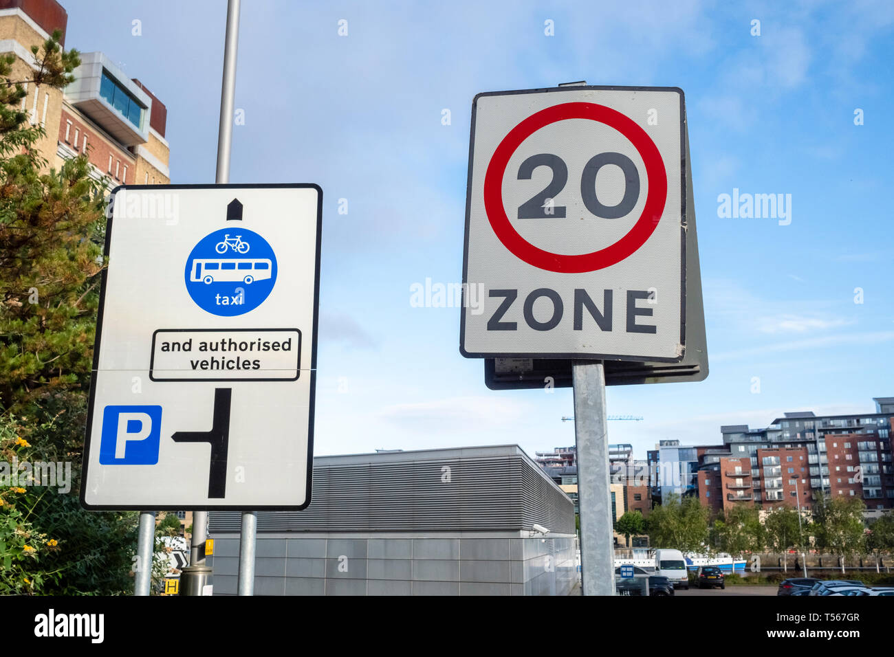 UK, road signs twenty miles per hour zone and Authorised vehicles Stock ...