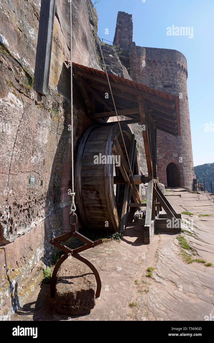 South tower and crane wheel of rock castle Altdahn, a medieval fortress ...