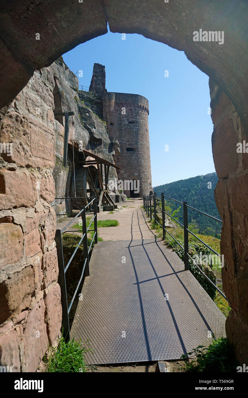 South tower and crane wheel of rock castle Altdahn, a medieval fortress ...