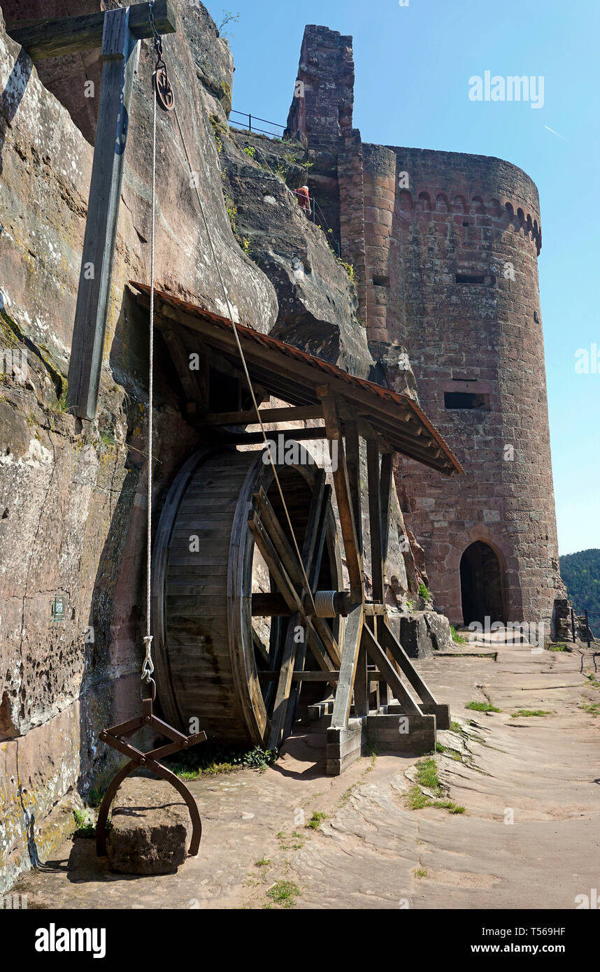 South tower and crane wheel of rock castle Altdahn, a medieval fortress ...