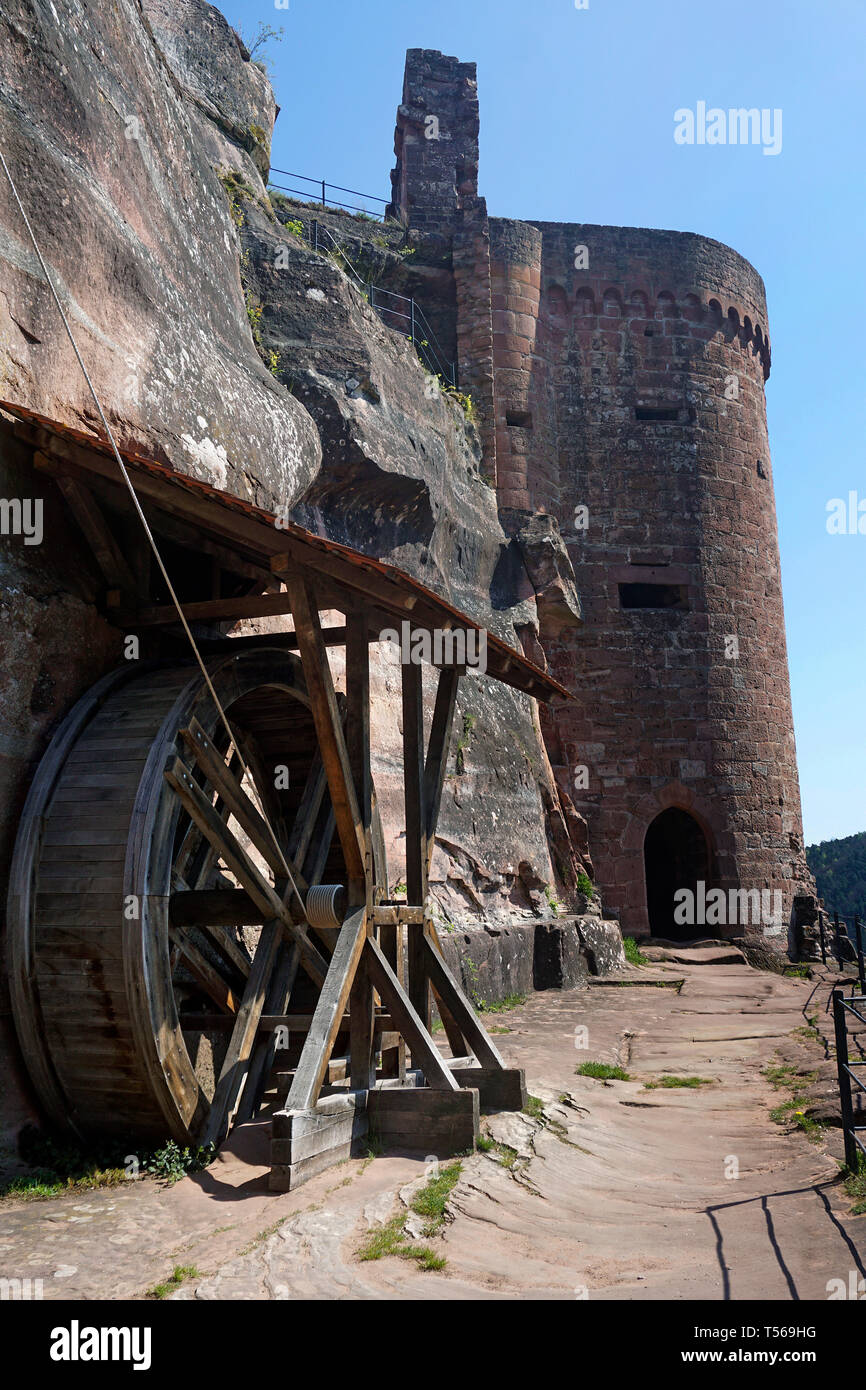 South tower and crane wheel of rock castle Altdahn, a medieval fortress ...