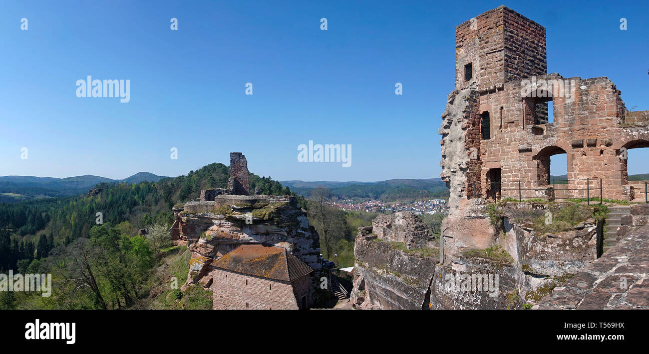 Palas and tower of rock castle Altdahn, a medieval fortress at village ...