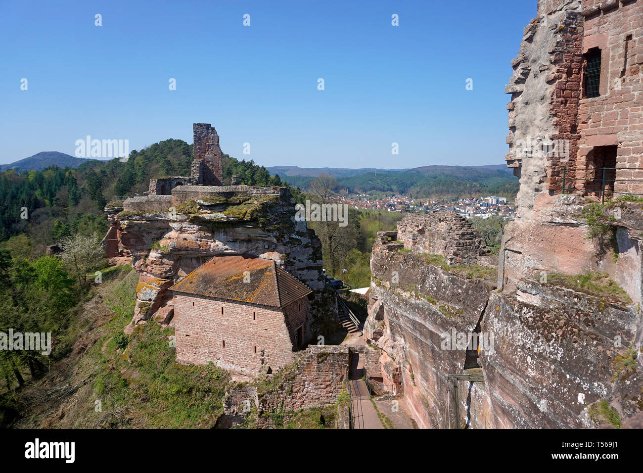 Palas and tower of rock castle Altdahn, a medieval fortress at village ...