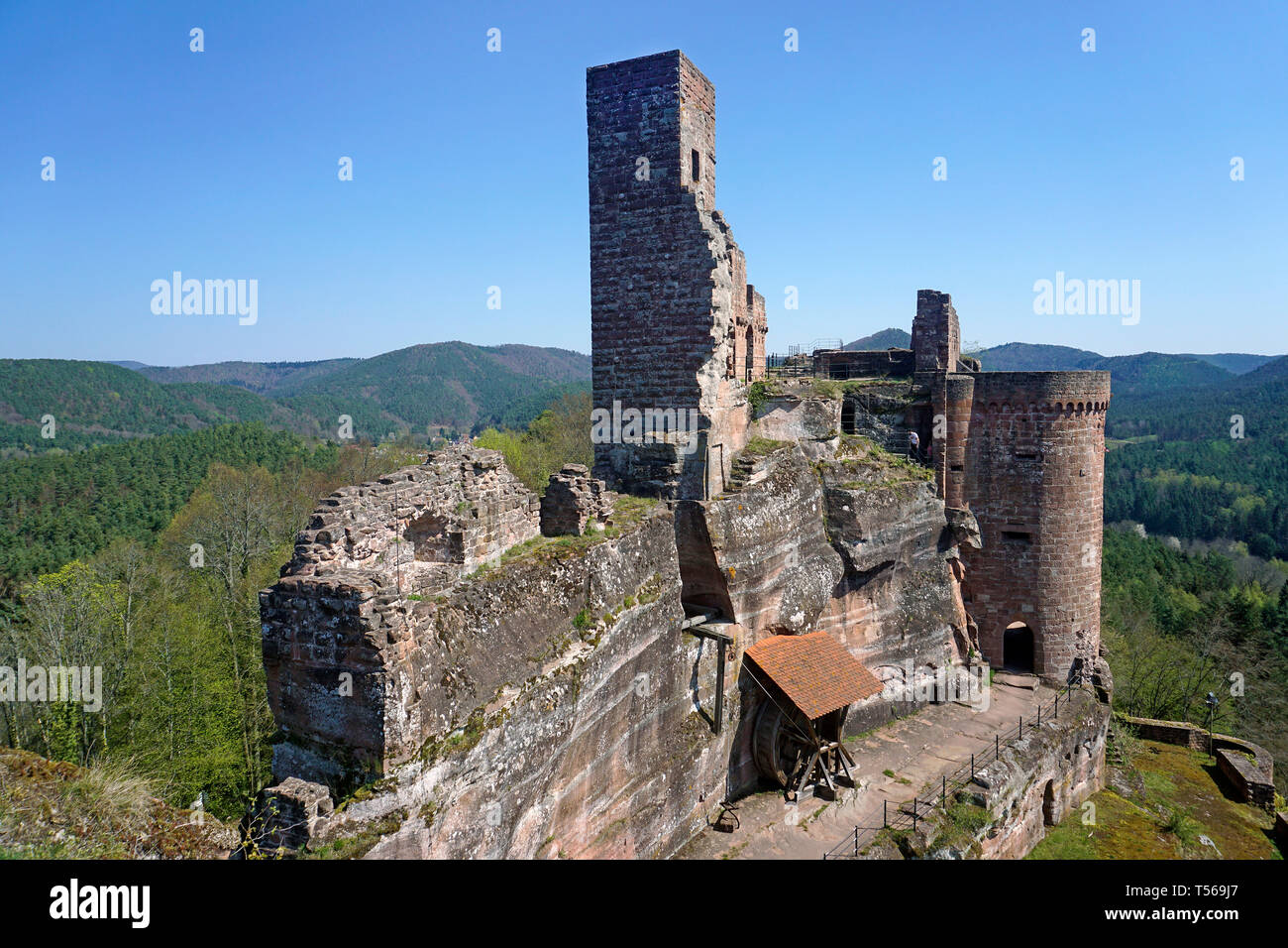 South tower and crane wheel of rock castle Altdahn, a medieval fortress ...