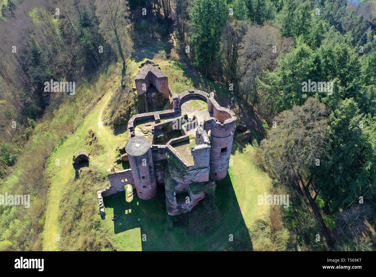 Aerial view of Neudahn castle, medieval fortress at village Dahn ...