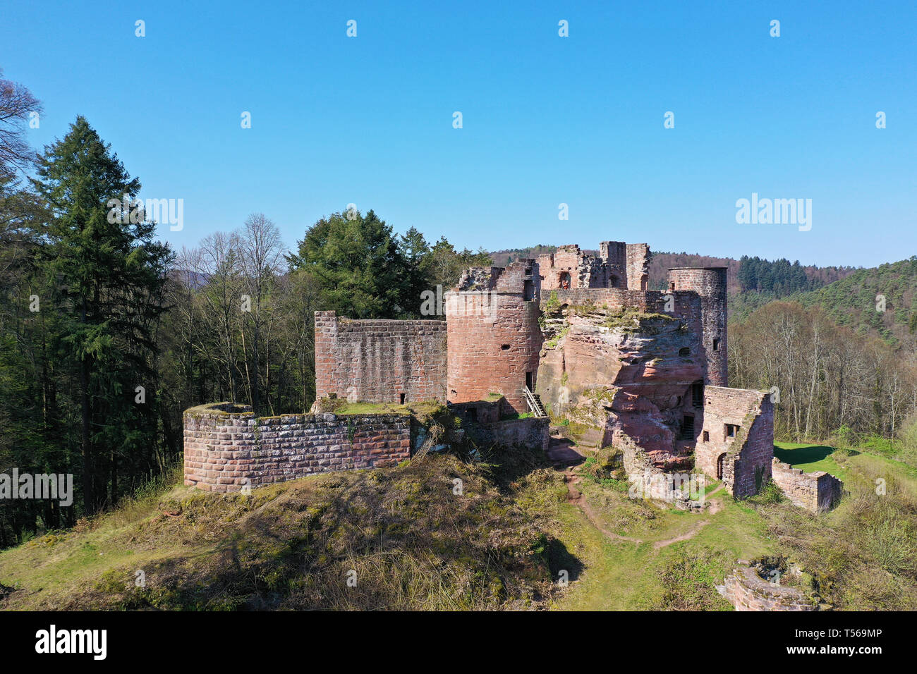 Aerial view of Neudahn castle, medieval fortress at village Dahn ...