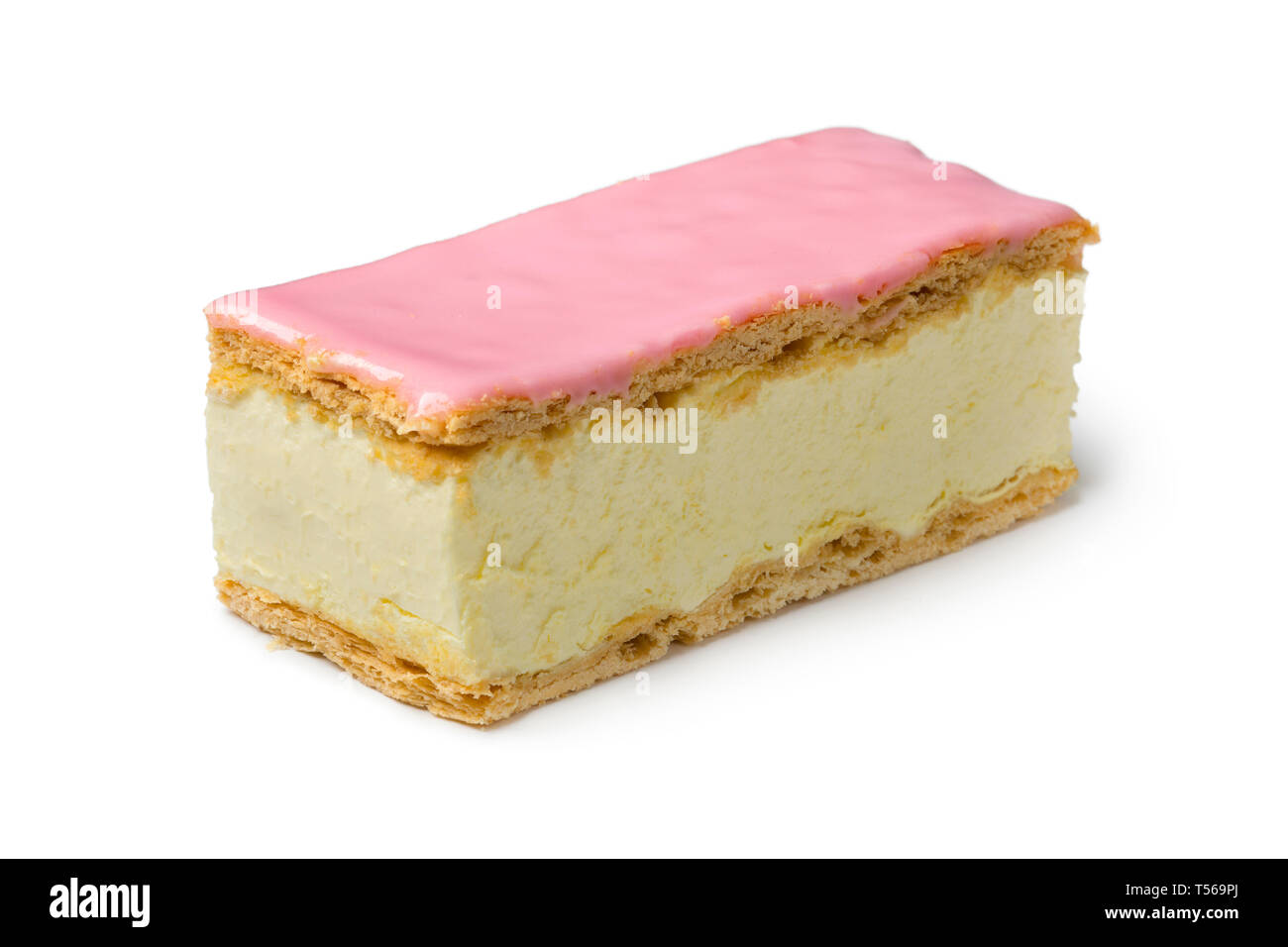 Single Dutch Tompouce pastry with pink icing close up isolated on white ...